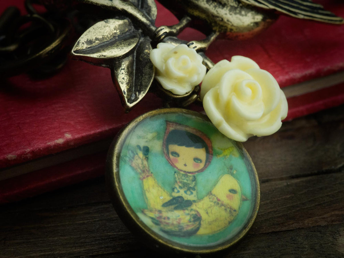 Original Danita Jewelry Necklace with Bird, Blooming Roses and Charms ...