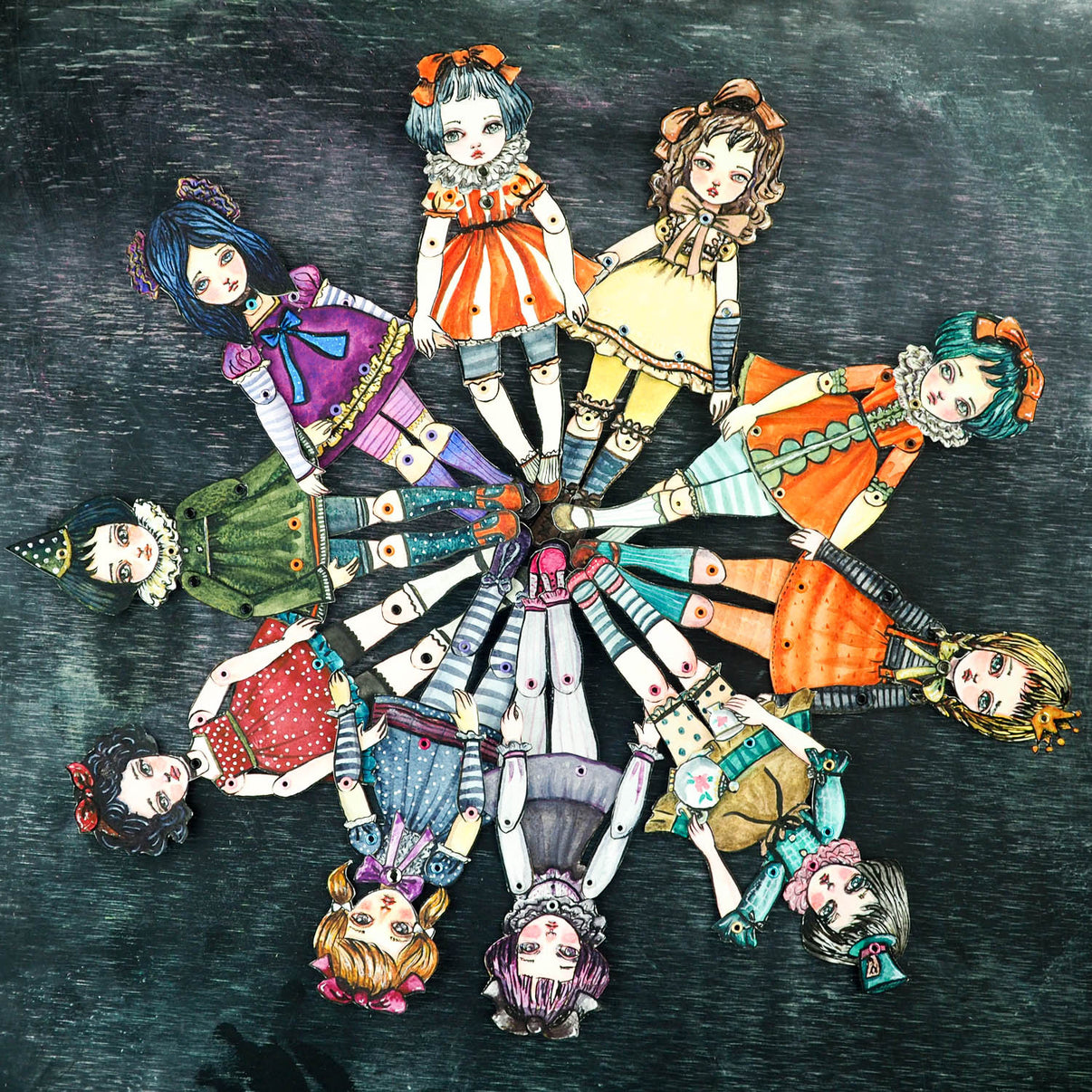 Jointed paper doll watercolor and mixed media original painting Danita ...